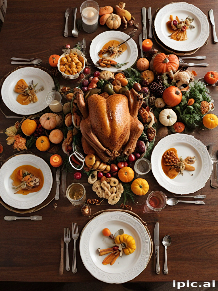Festive Thanksgiving Dinner Table Spread with Turkey and Seasonal ...