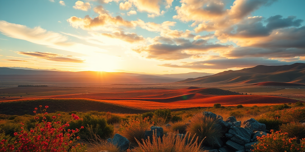 Stunning Sunset Overrolling Hills with Vibrant Flowers and Dramatic Clouds