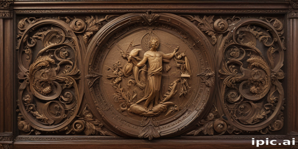 Intricately Carved Wooden Relief Depicting a Winged Figure Amidst ...