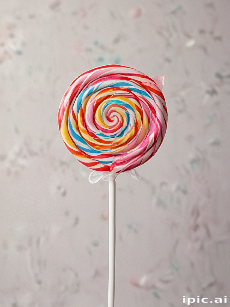A Colorful Swirled Lollipop Standing Proud Against a Soft Background.