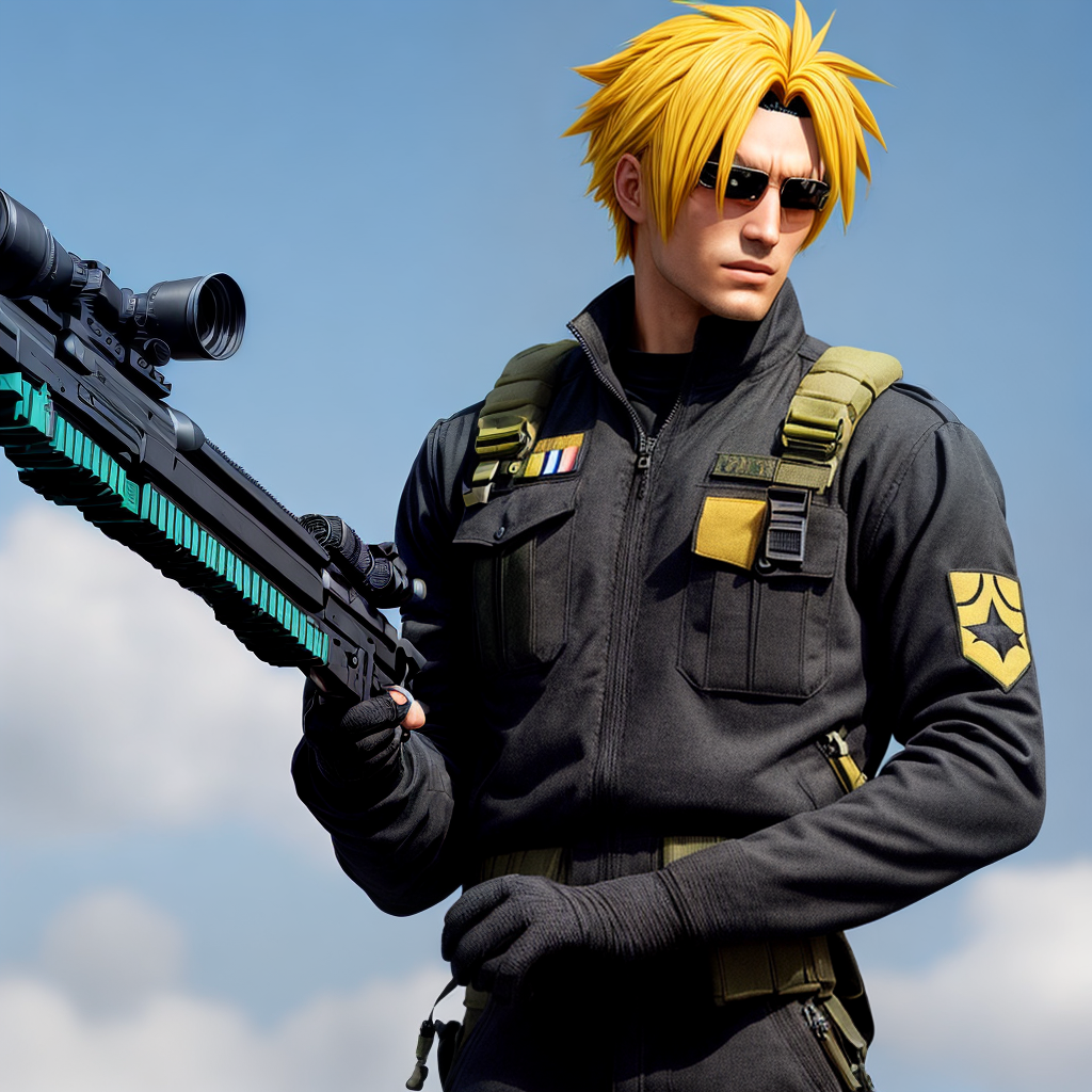 anime man, holding sniper, black and yellow hair, black military uniform