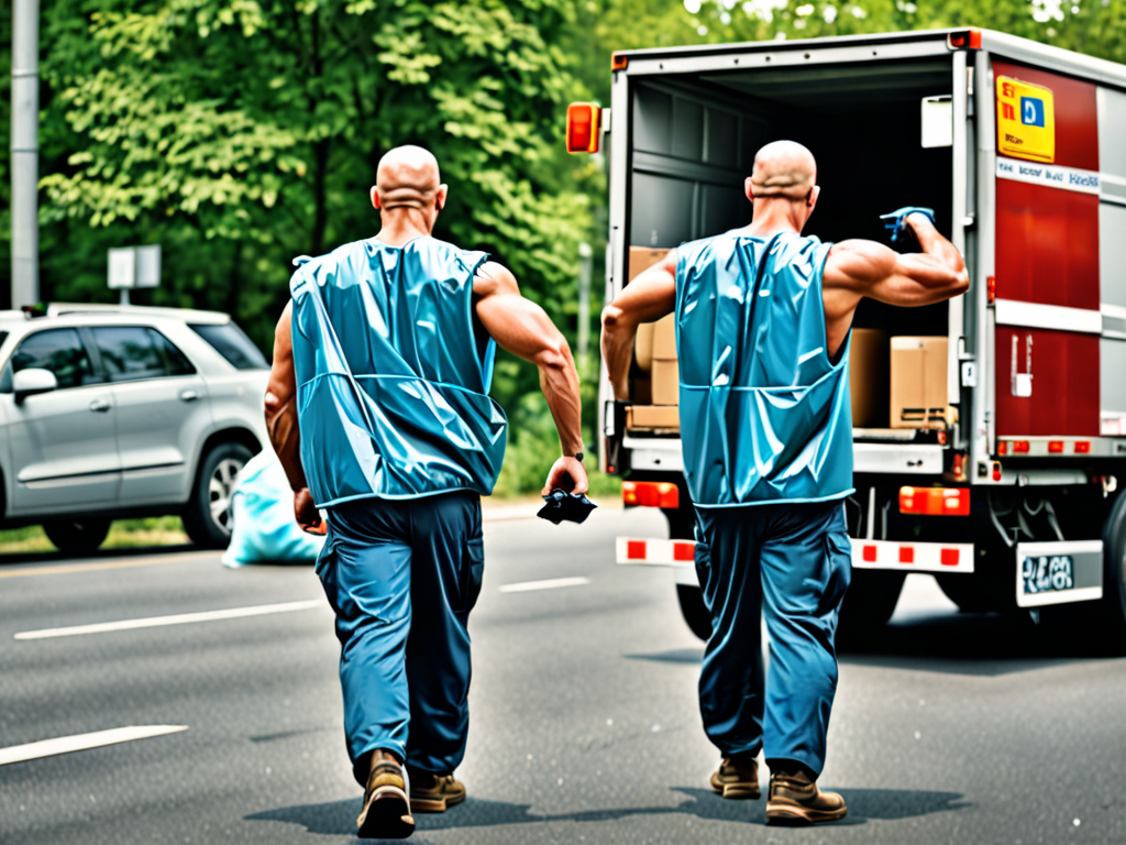 realistic handsome bald muscular garbagemen from behind carrying ...