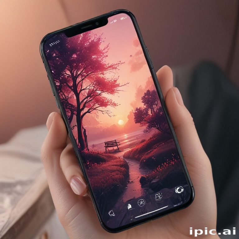 Beautiful Smartphone Displaying a Serene Nature Scene at Sunset