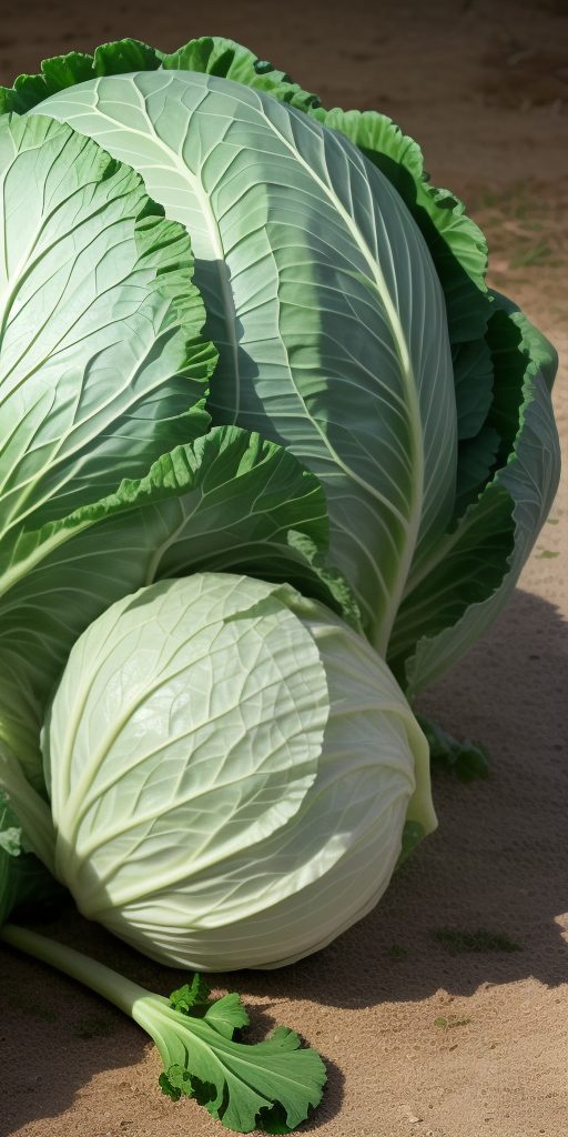A Fresh Green Cabbage Sitting on the Ground Under Natural Light.