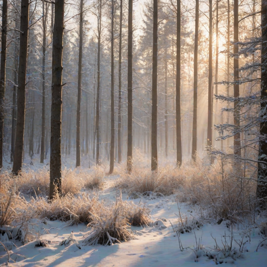 Enchanted Winter Forest Bathed in Soft Morning Light and Frost
