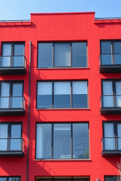 Vibrant Red Apartment Building with Modern Design and Large Windows