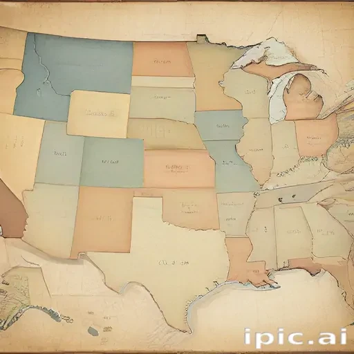 A Vintage Map of the United States Featuring Colorful State Outlines ...