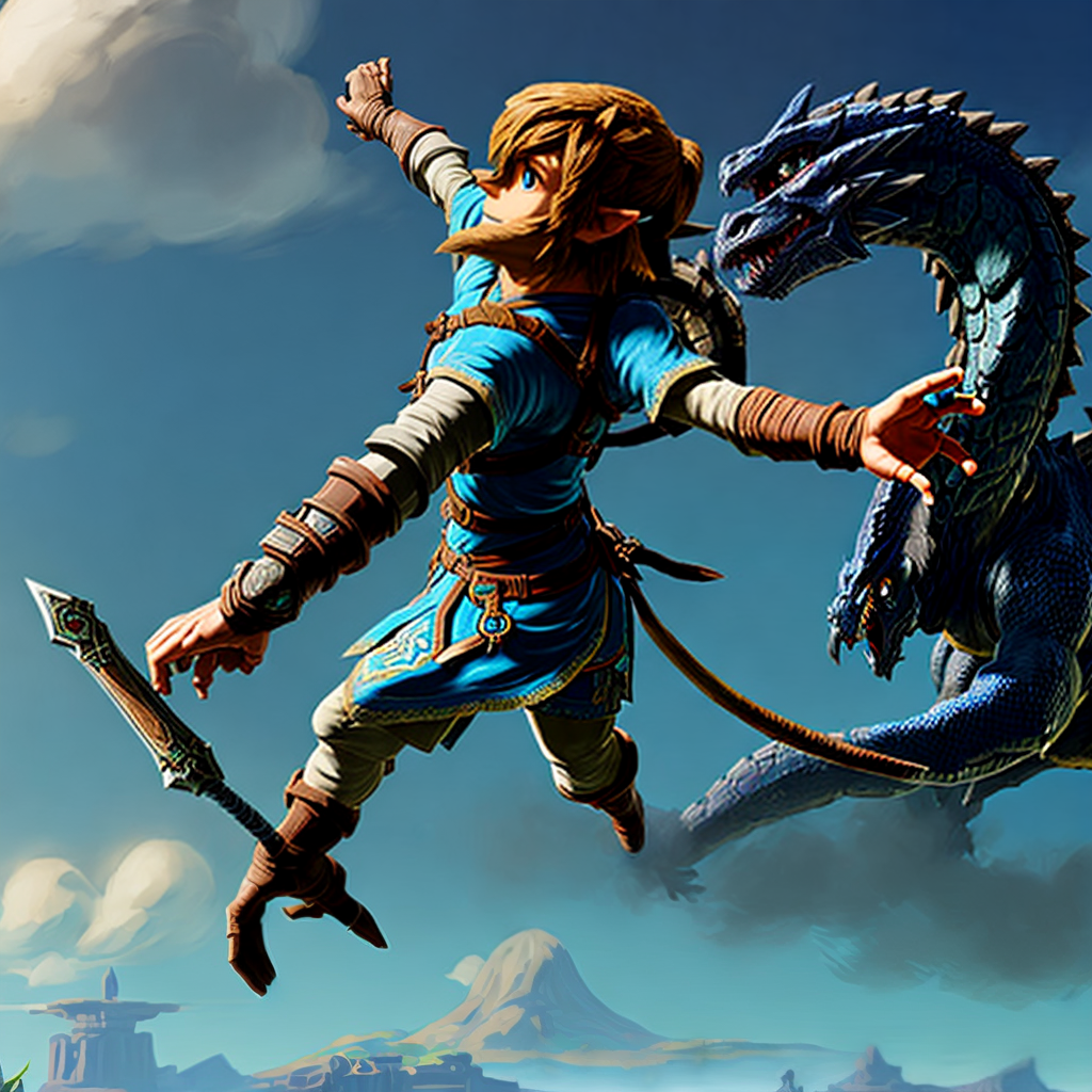breath of the wild link reaching out his hand to touch a dragon from a far