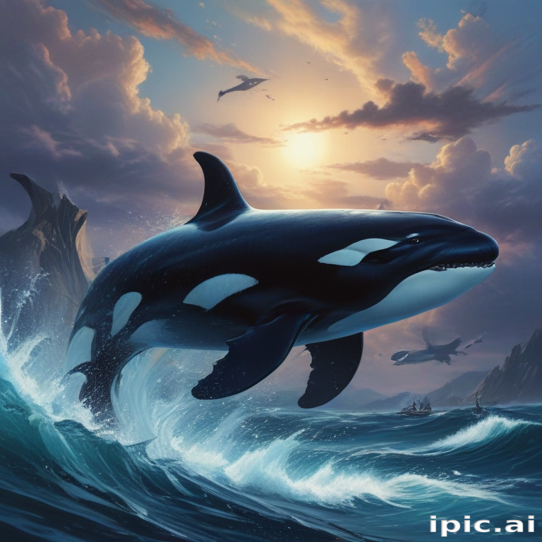 Majestic Orca Leaping Through Waves Under a Dramatic Sunset Sky