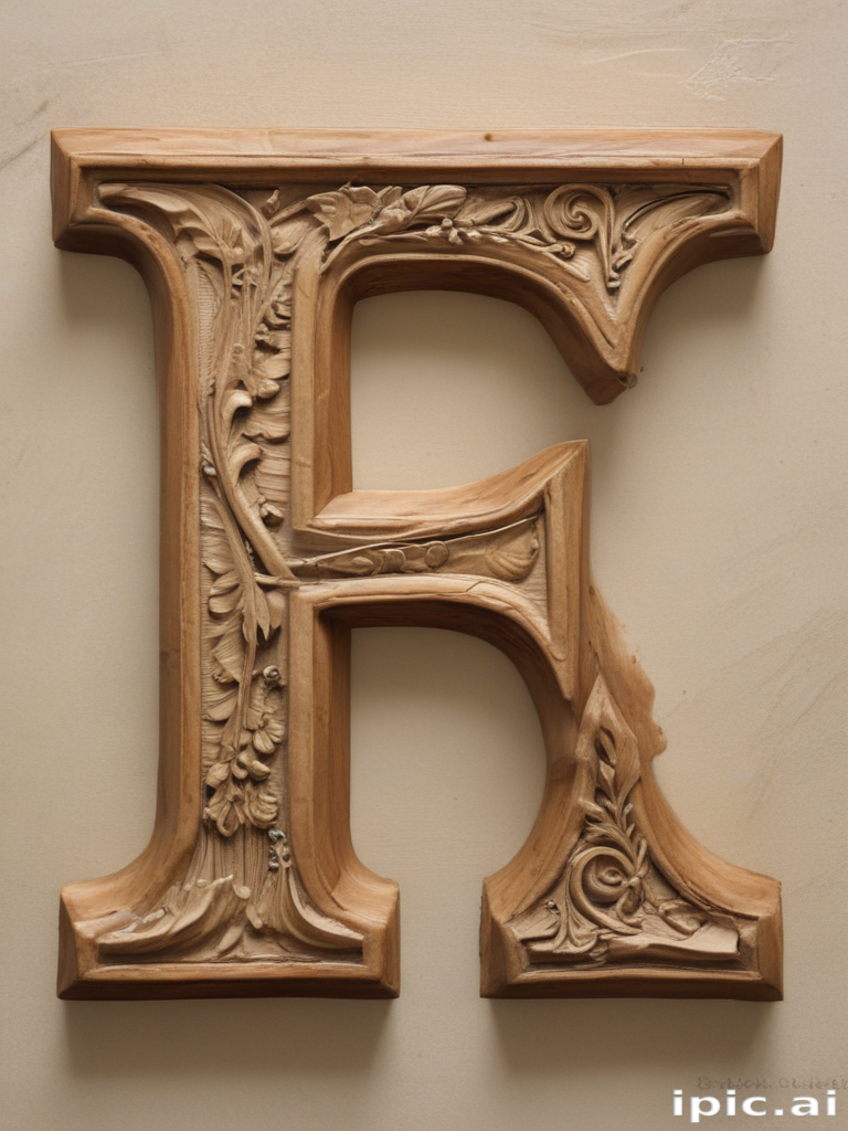 Intricately Carved Wooden Letter F with Floral and Leaf Designs