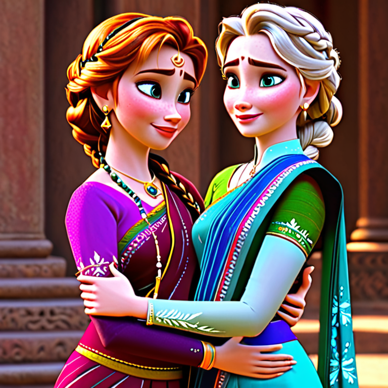 Elsa and Anna together hugs in saree indian 3D Disney