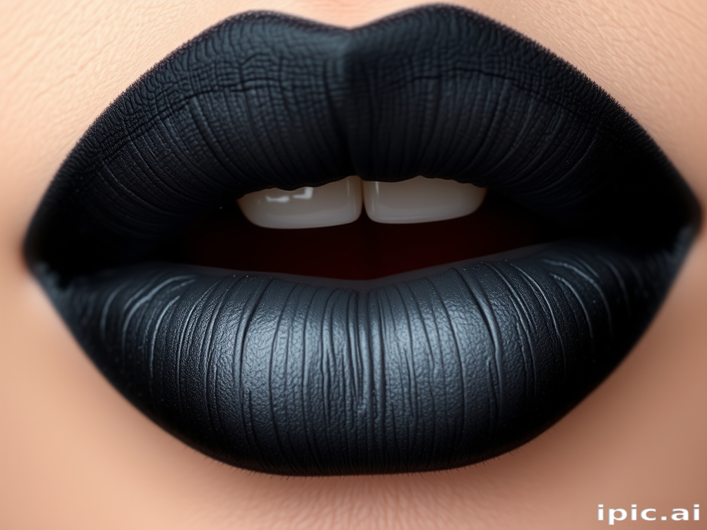 Close-Up of Glossy Black Lips with Detailed Texture and Shine
