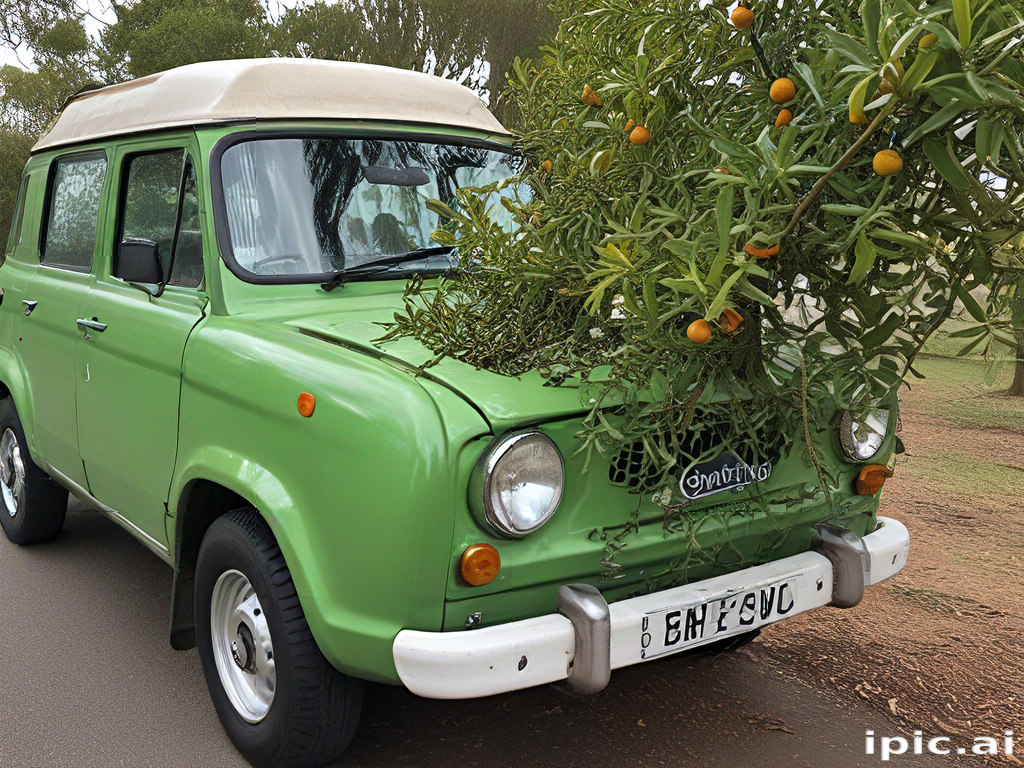 A Vintage Green Car Adorned with Lush Greenery and Oranges.
