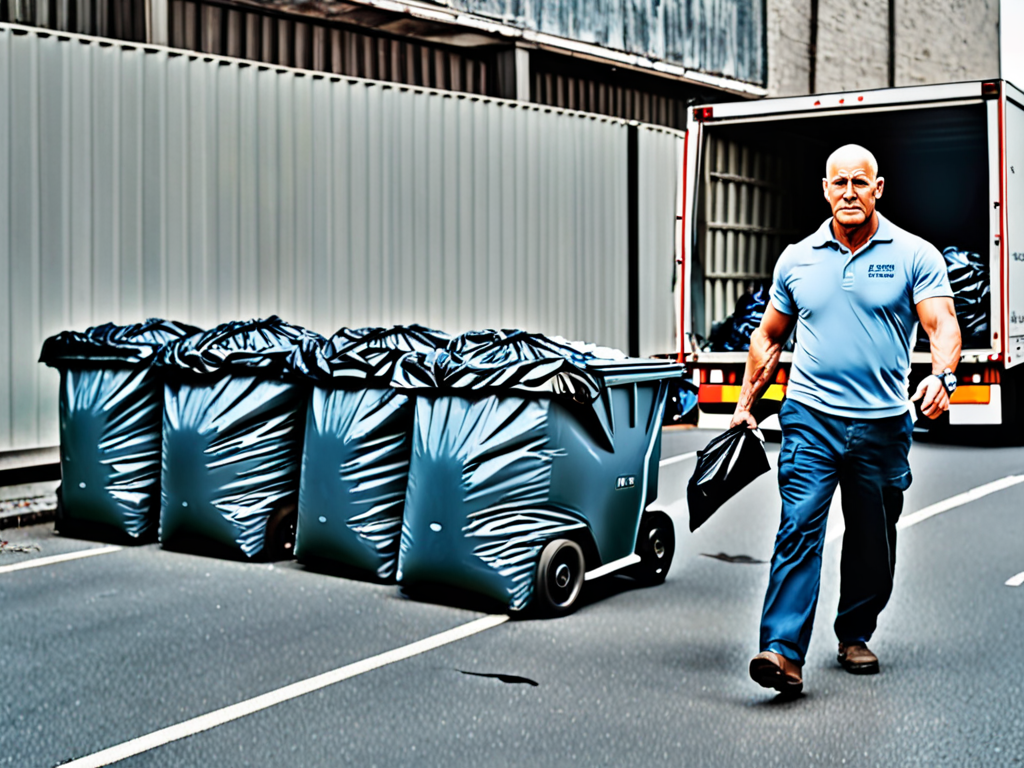 2 realistic handsome older bald muscular garbagemen from behind ...