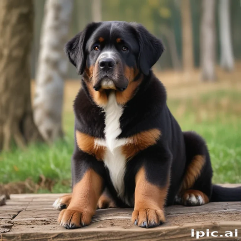 A Majestic Dog Sitting Proudly on a Wooden Platform in Nature.