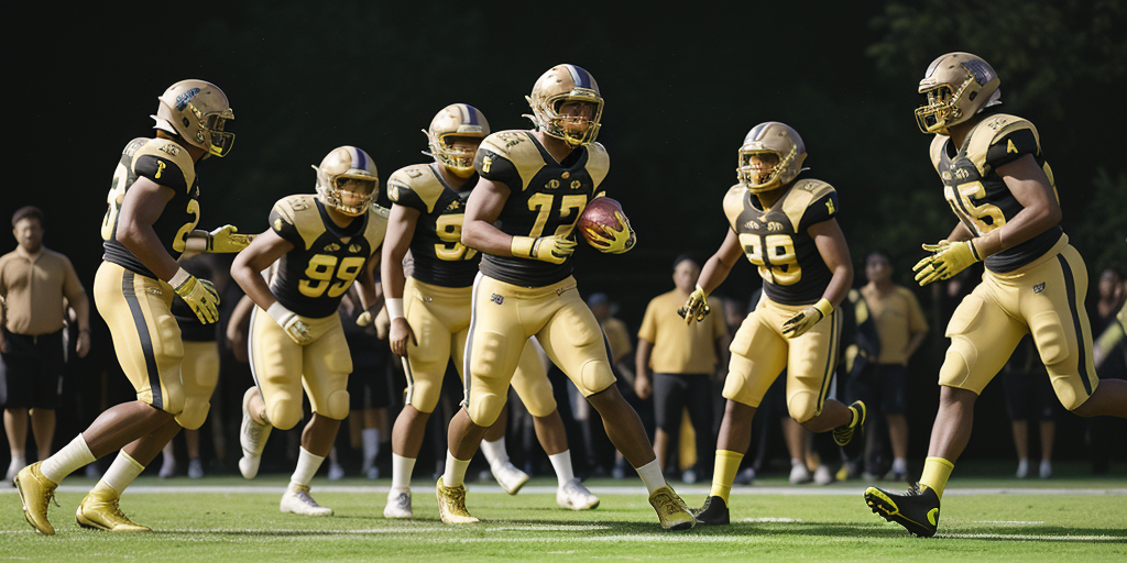 Team of Football Players in Gold Jerseys Running During Evening ...