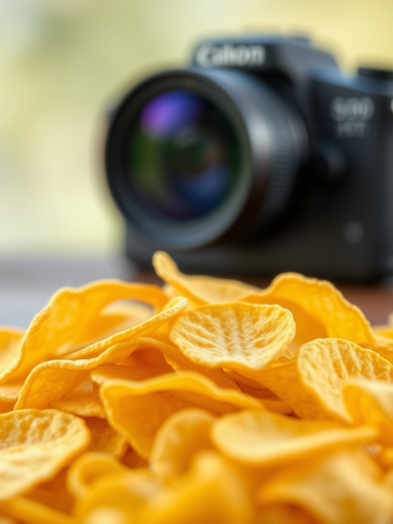 Close-Up of Colorful Snack Chips with a Camera in Background