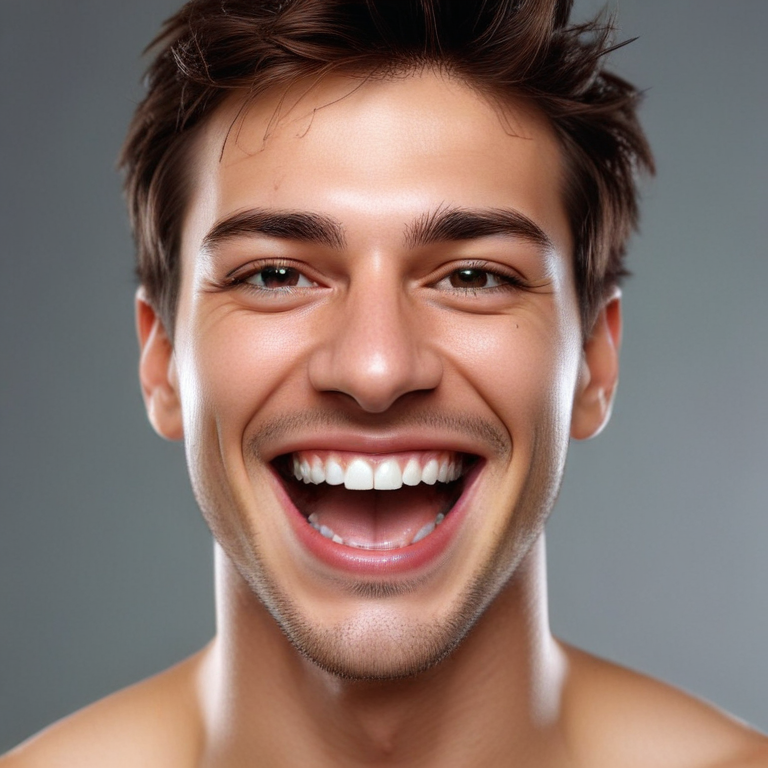 Joyful Young Man with Bright Smile Against a Soft Gray Background