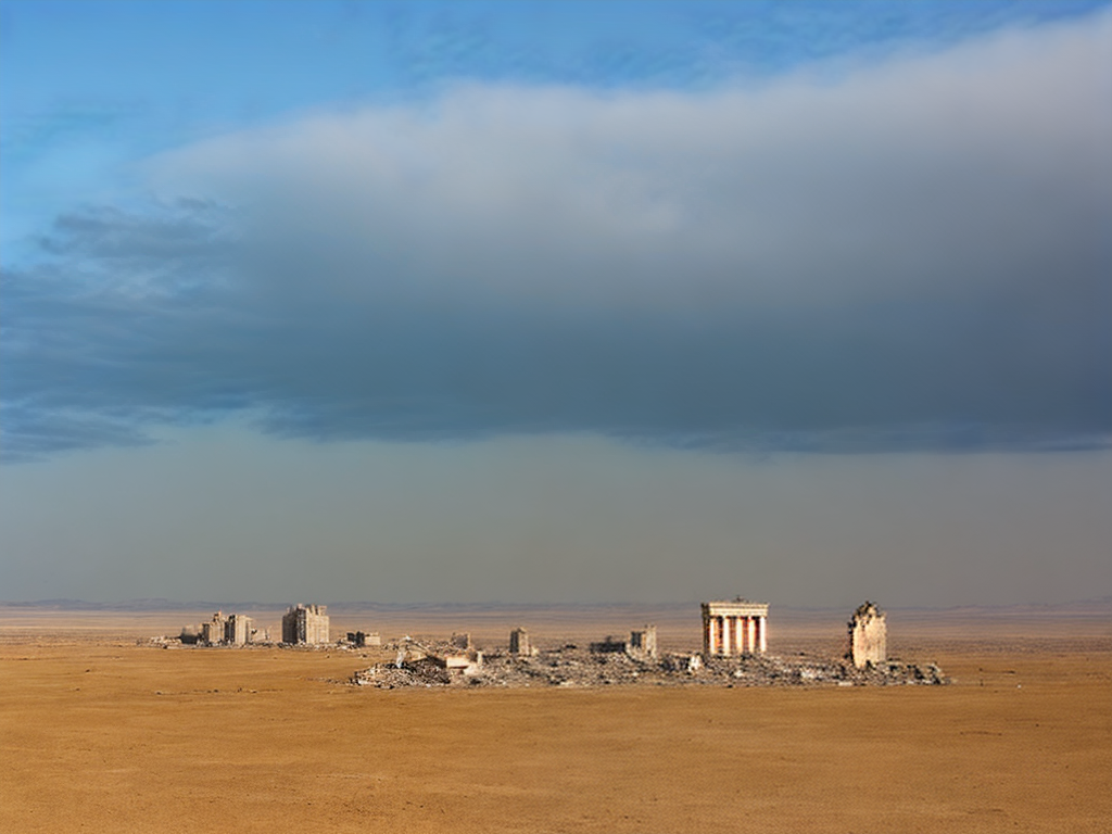 post-apocalyptic wasteland with ruins, debris, and a desolate landscape.