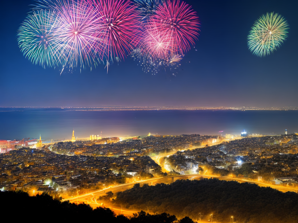 Fireworks over city of Agraba and Aladin on flingor carpet