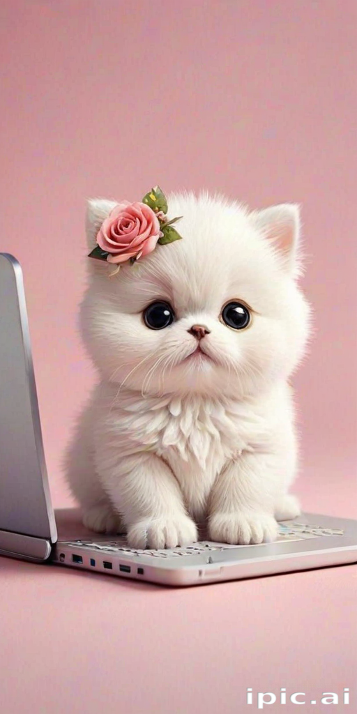 A Cute Fluffy Kitten with a Flower Sitting on a Laptop