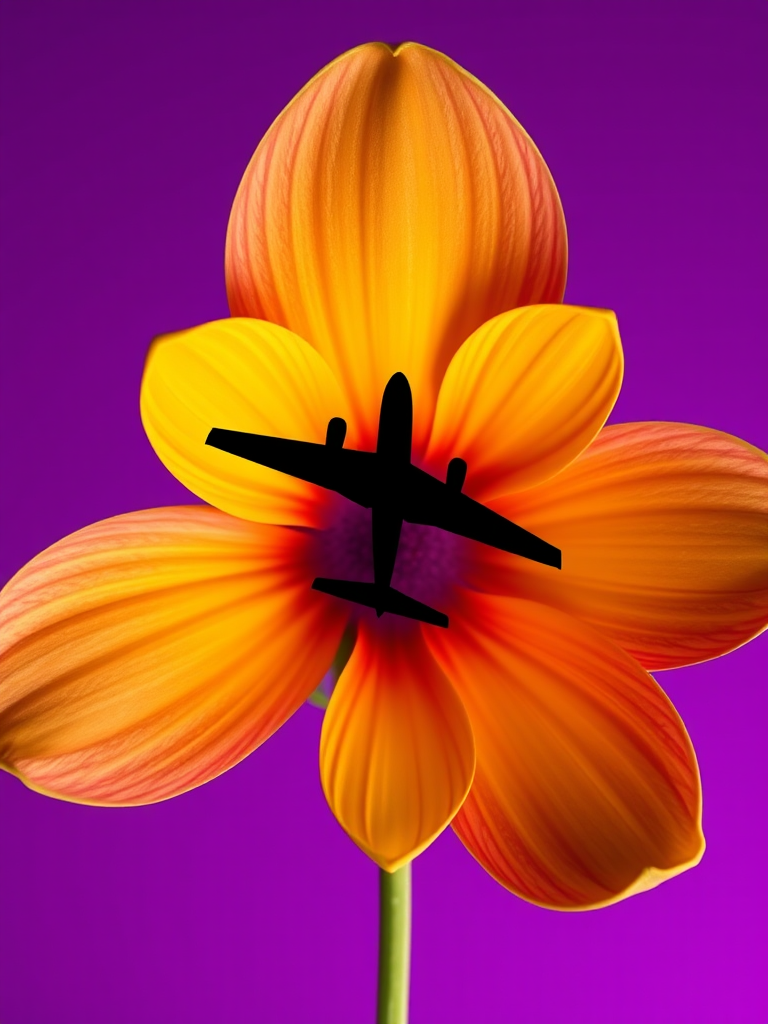 Colorful Flower with a Silhouette of an Airplane in the Center