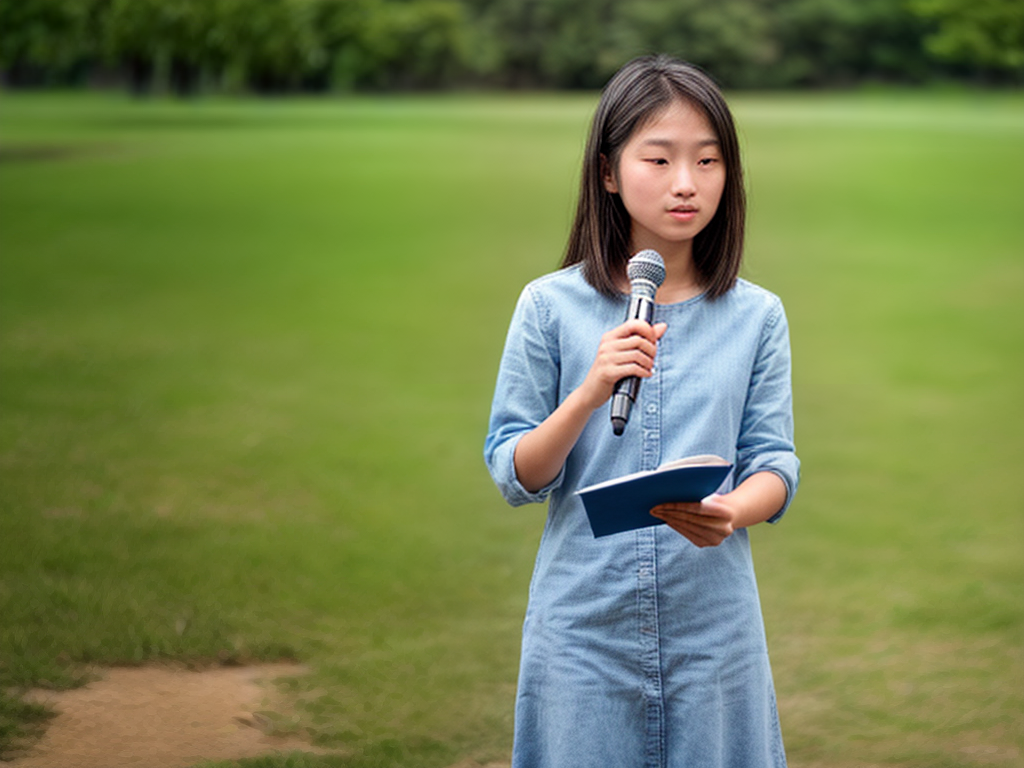 A beautiful girl stands to recite poetry.