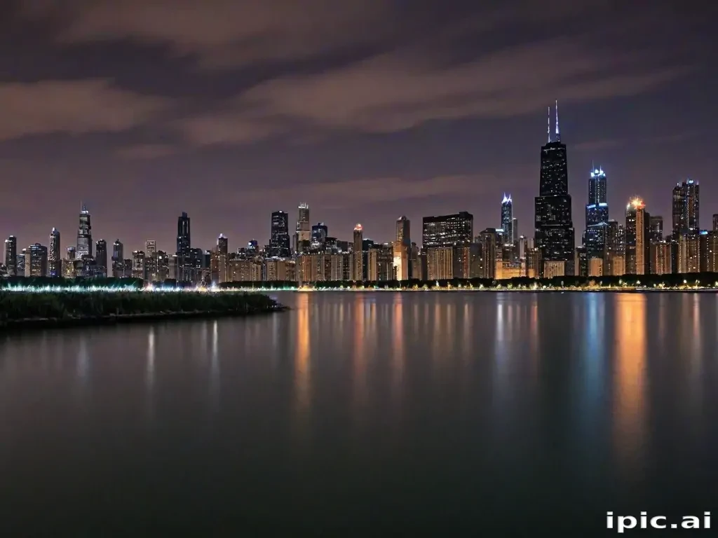 Stunning Night View of Chicago's Skyline Reflected on Calm Water