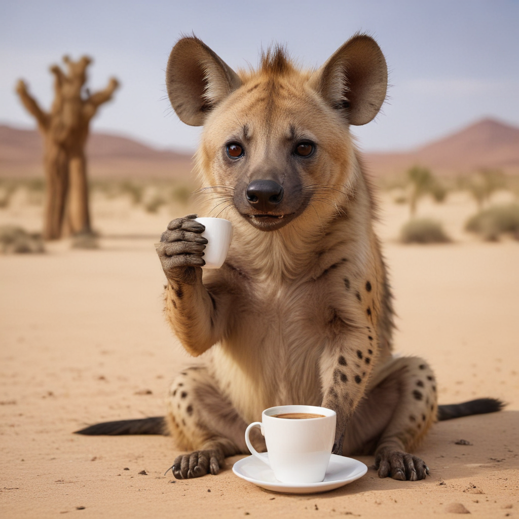 Cartoon Hyperactive hyena drinking a cup of coffee in the desert