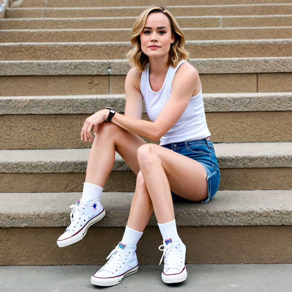 Mcu Brie Larson Carol Danvers sitting in Pink Tank Top, Blue Jean ...