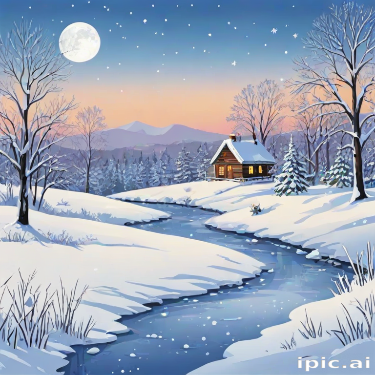 Peaceful Winter Scene with a Cozy Cabin and Snowy Landscape