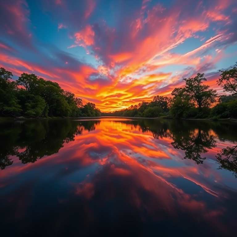 Create a high-resolution image of a serene landscape at sunset ...