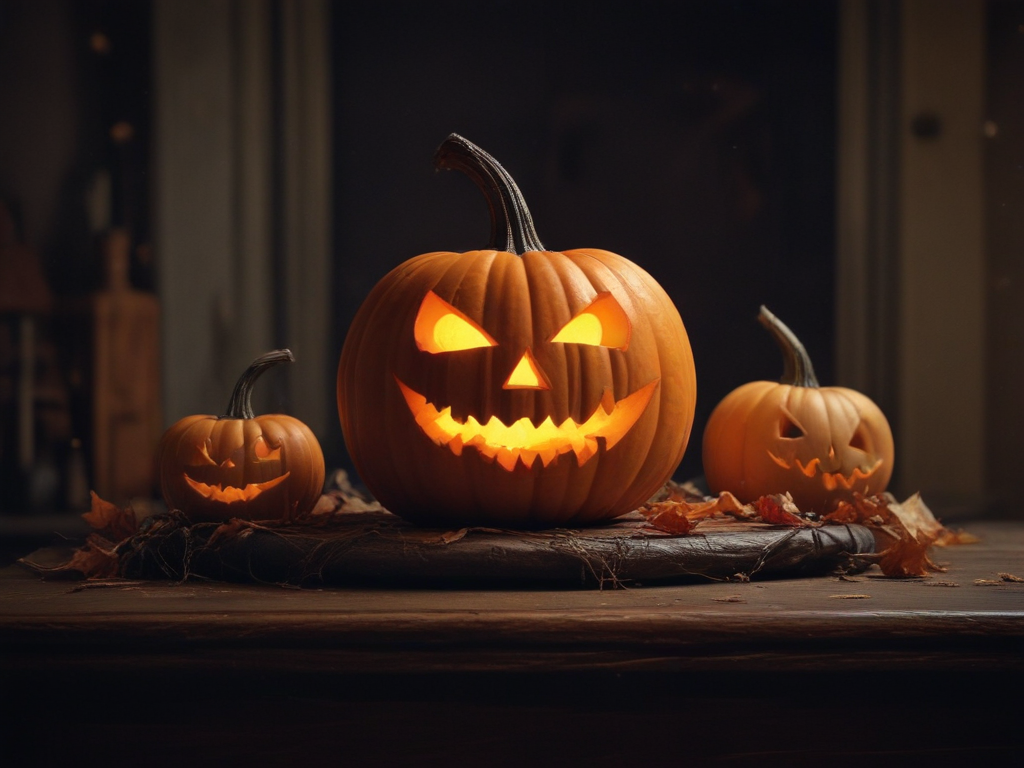 Spooky Halloween Pumpkins with Grinning Faces Illuminated in the Dark