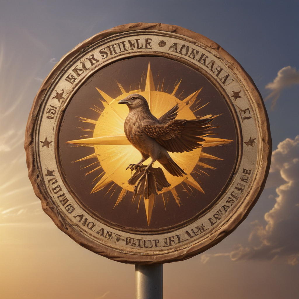 a lark riding on lightning rod in front of a rising sun as an official ...