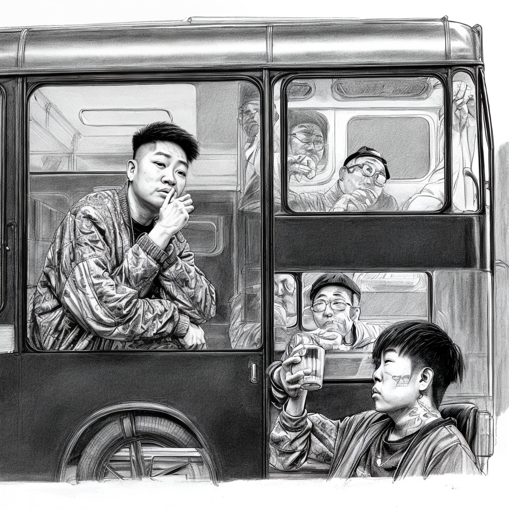 asian rapper is drinking shampagn, behind him are stands bus.wide angle ...