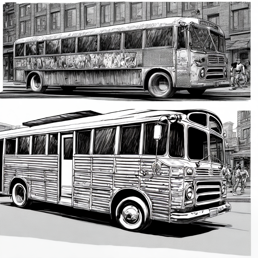THE hip hop BUS in the street. COMIC BOOK. SKETCH STYLE. BLACK AND WHITE.