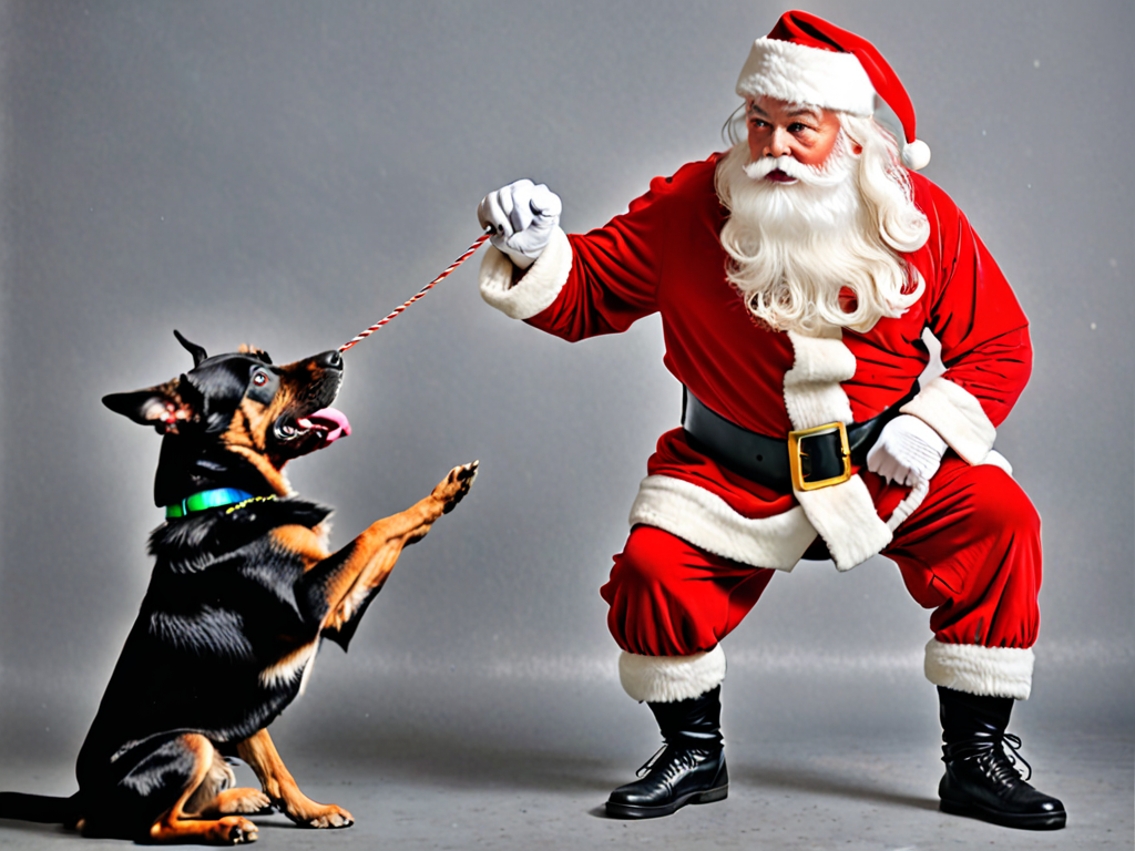 Santa Claus fighting with the dog