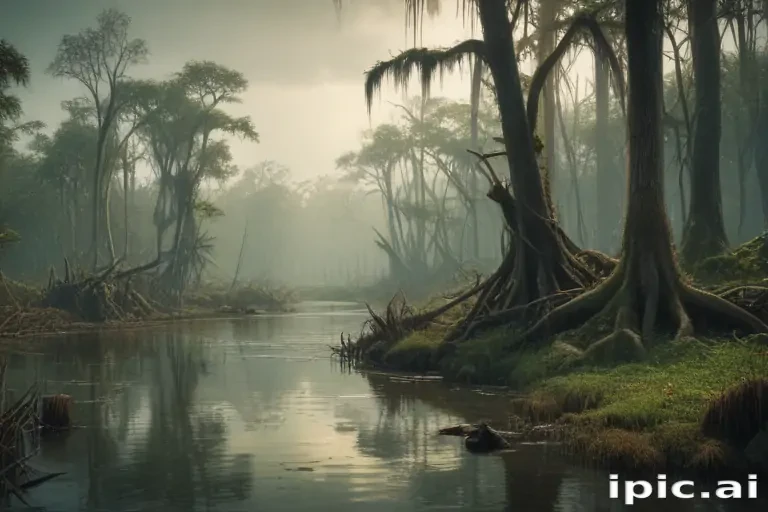 Mystical Swamp Landscape with Fog and Reflections at Dawn