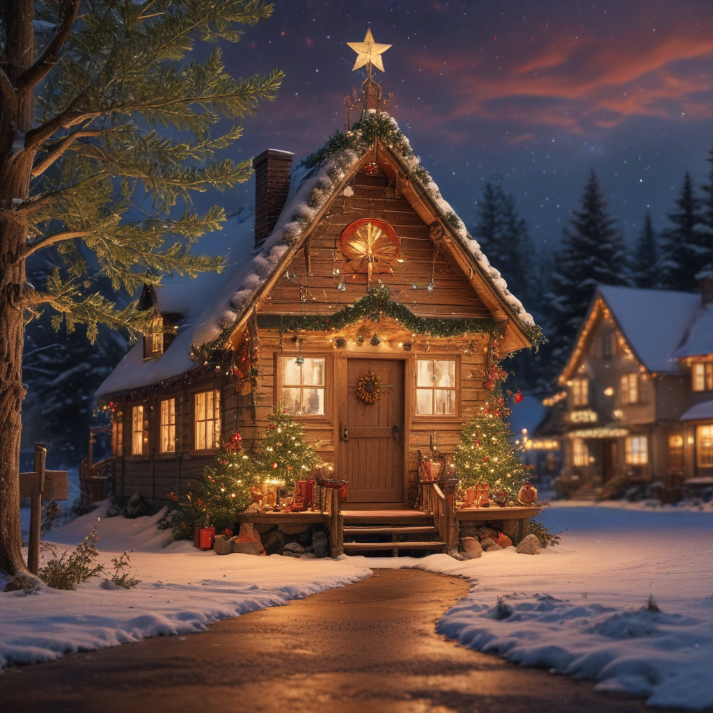 A Cozy Christmas Cabin Decorated with Lights and Holiday Cheer.
