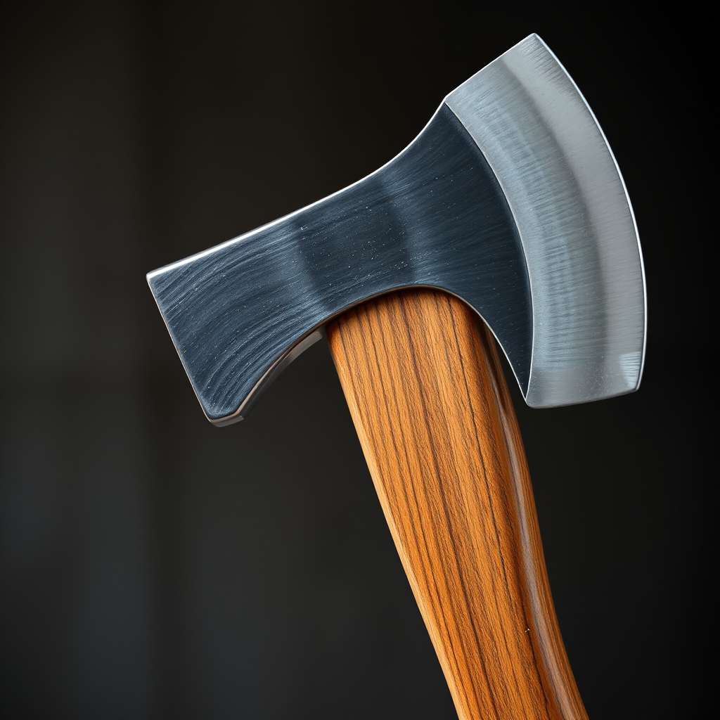 Create a hyper-realistic image of a side view of an axe with a shiny ...