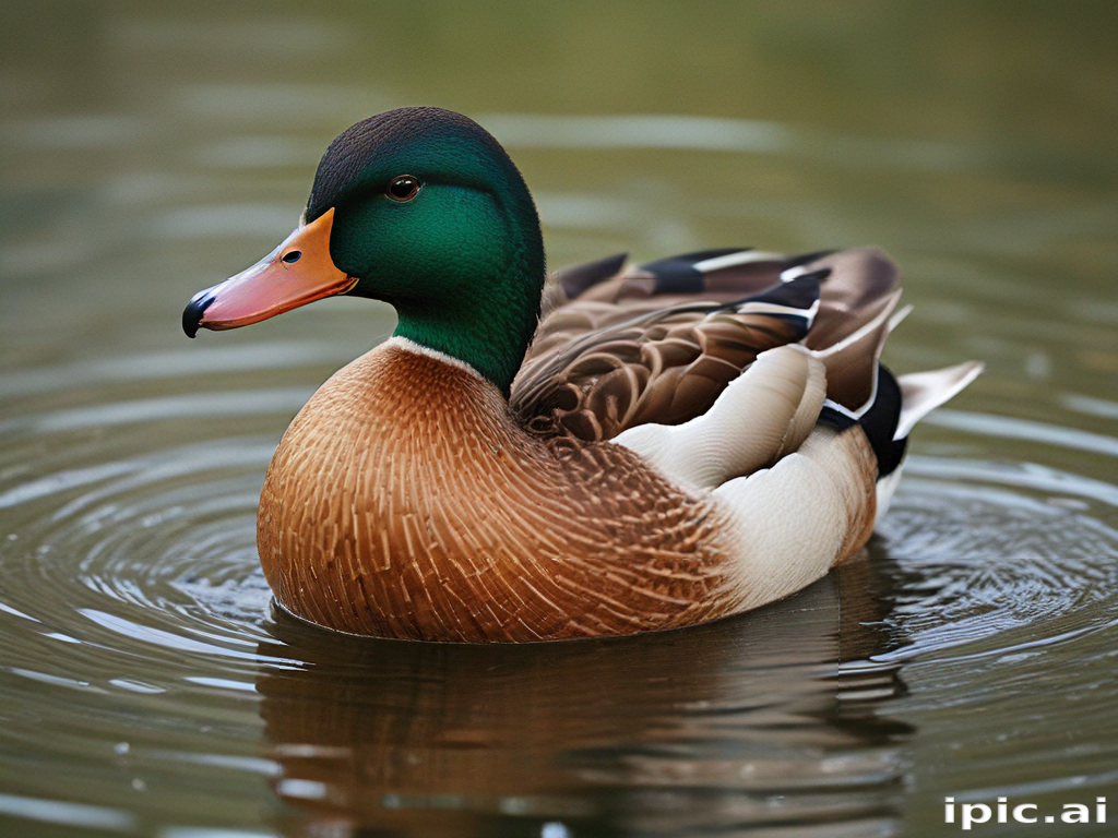 A Beautiful Male Duck Swimming Gracefully in Calm Water Ripples.