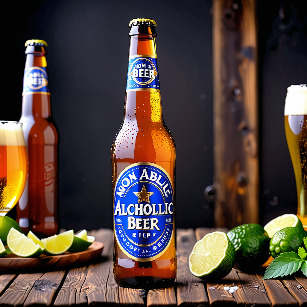 Refreshing Non-Alcoholic Beer Surrounded by Fresh Limes and Cold Glasses