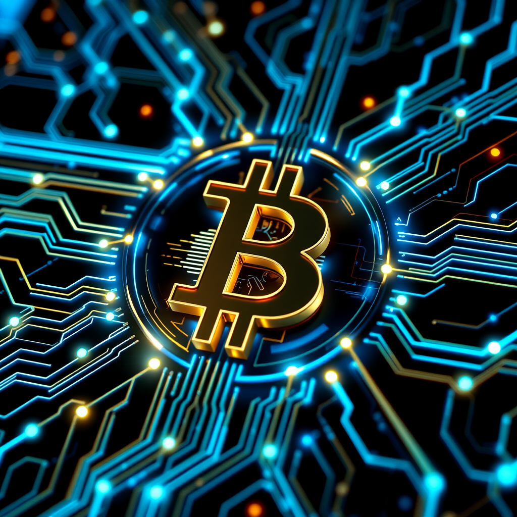 Illuminated Bitcoin Symbol Surrounded by Complex Digital Circuitry Design