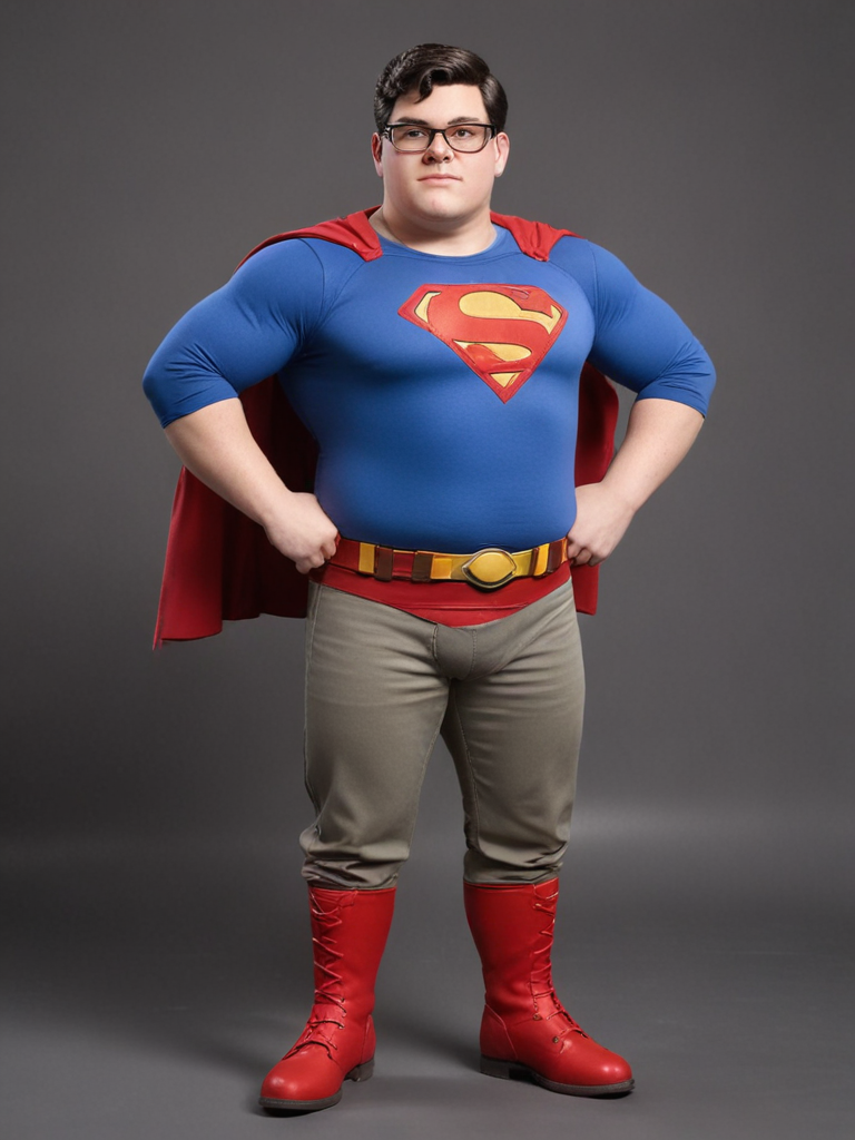 Realistic chubby high school nerd guy, realistic superman costume and ...