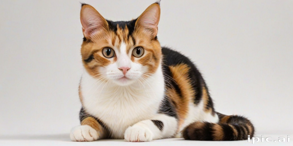 A Playful Calico Cat Posing Elegantly Against a Simple Background.