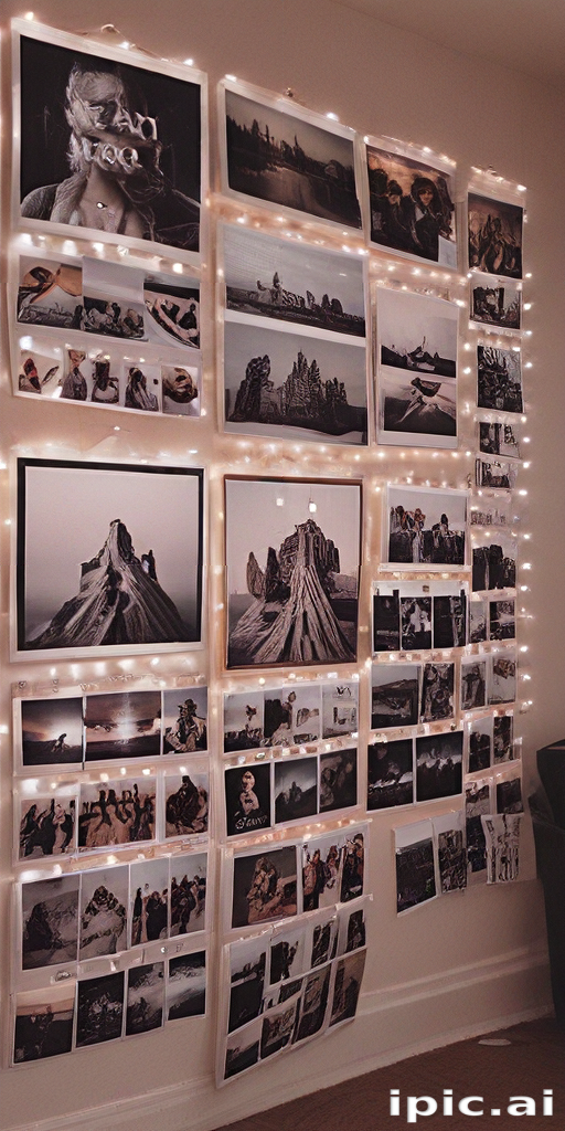 A Cozy Gallery Wall Displaying Black and White Photographs with Warm Lights