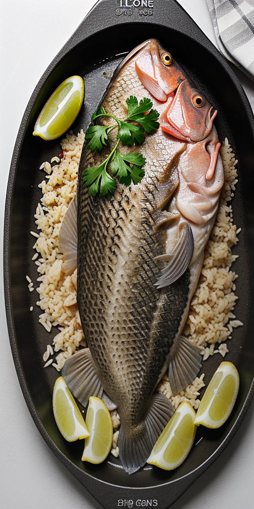 Freshly Prepared Whole Fish on a Bed of Rice with Lemon Slices