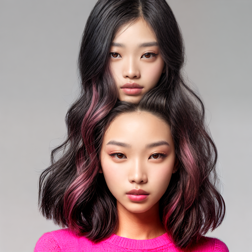 An ai model with black hair and pink lips looking cute