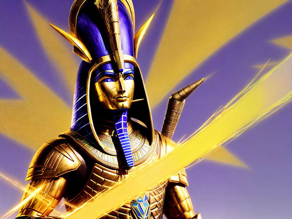 Egyptian god Horus, yellow great sword, purple fire background