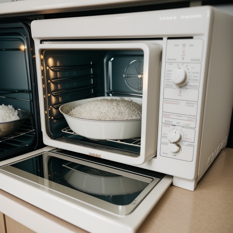 Modern Kitchen Scene Featuring a Microwave with Cooking Rice Inside